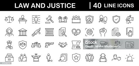 법과 정의 선형 스타일의 웹 아이콘 세트입니다 웹 및 모바일 앱용 Justice And Law 아이콘 법률 문서 법 재판 감옥 정의 법정 변호사 형사 벡터 일러스트 레이 션
