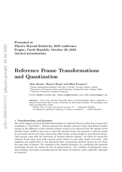 Pdf Reference Frame Transformations And Quantization