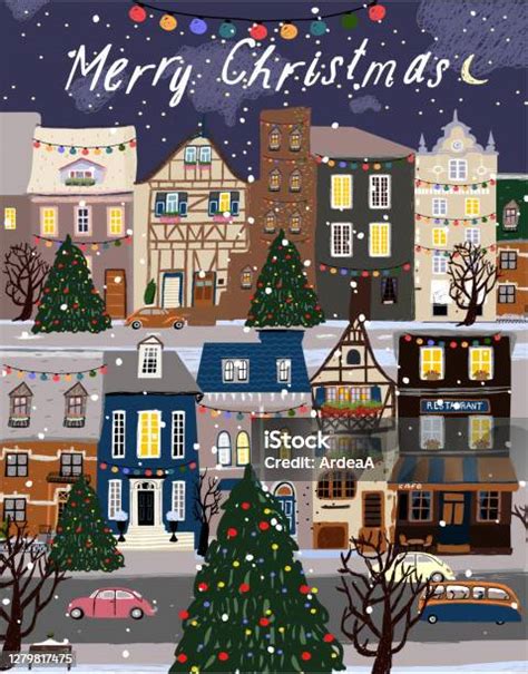 메리 크리스마스와 새해 복 많은 년 축제 장식 귀여운 집 크리스마스 트리 저녁 도시 거리와 겨울 도로의 벡터 일러스트 엽서 또는 포스터 그리기 크리스마스에 대한 스톡 벡터
