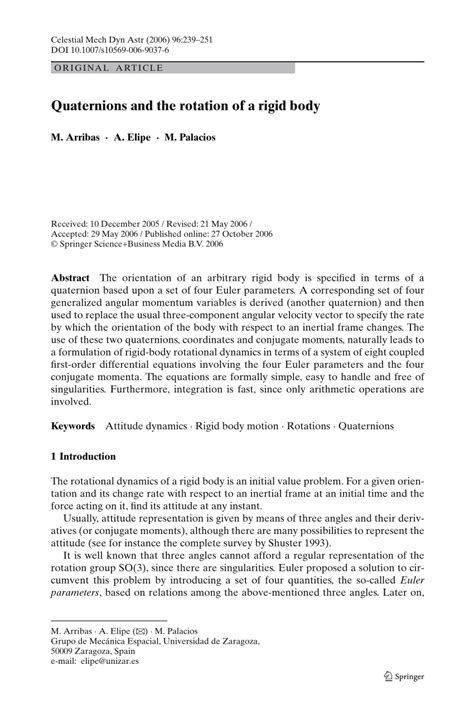 Pdf Quaternions And The Rotation Of A Rigid Body