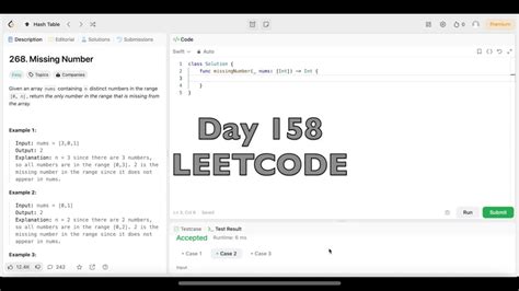 day 158 leetcode problem 268 missing number swift youtube