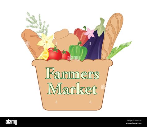 An Illustration Of A Farmers Market Sign With Basket Full Of Organic Produce On A White