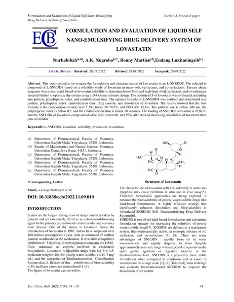 Pdf Formulation And Evaluation Of Liquid Self Nano Emulsifying Drug Delivery System Of Lovastatin