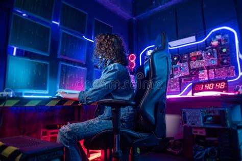 Asian Woman Programmer Is Working In Her Computer Room Futuristic Technology Concept Stock