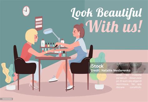 우리에게 배너 플랫 벡터 템플릿과 함께 아름답게 보십시오 브로셔 만화 캐릭터가 있는 포스터 컨셉 디자인 매니큐어를 얻는 여자 젤 매니큐어 수평 전단지 텍스트 장소 전단지