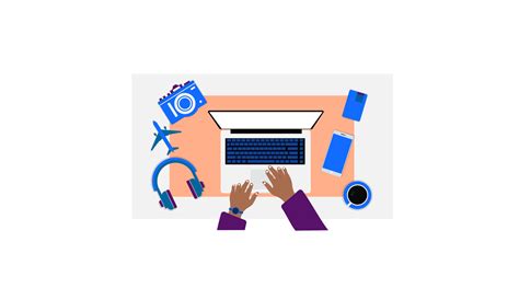 Table Top Viewlaptop With Monitor Keyboard Documents Headphones Phone Clock Notebook