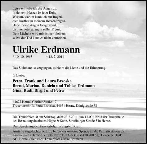 Traueranzeigen Von Ulrike Erdmann Trauer In Nrw De