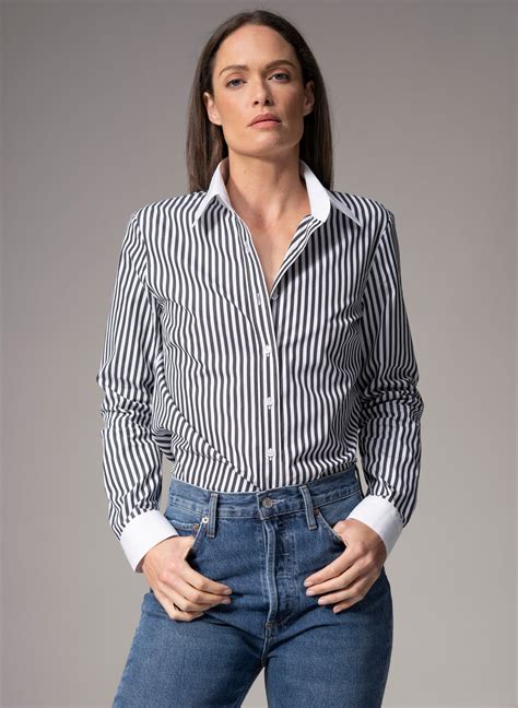 Colleen The Essential Black Stripe Semi Fit Basic Shirt In Cotton Po The Shirt Company