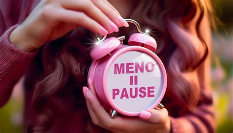 Hands Of Woman Holding An Alarm Clock With Pause Symbol And Text Menopause Generative Ai Stock