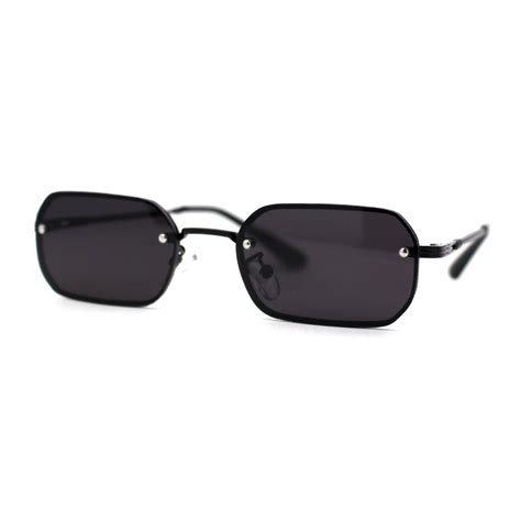 Luxe Rimless Narror Rectangle Pimp Rapper Sunglasses All Black