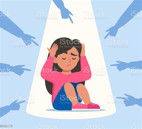 슬프거나 우울한 소녀 아이는 검지 손가락으로 그녀를 가리키는 손으로 둘러싸여 있습니다 사회적 괴롭힘 개념 공개 트롤링 수치심 벡터 그림입니다 가리키기에 대한 스톡 벡터 아트