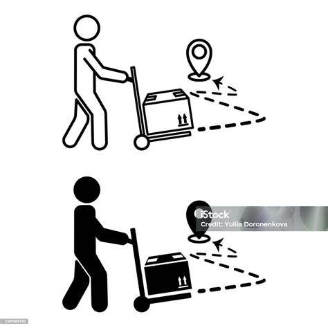 라스트 마일 딜리버리 아이콘 흑인과 백인 벡터 일러스트 레이 션 화물 상자를 목적지까지 운반하는 택배 택배 서비스 물류 개념