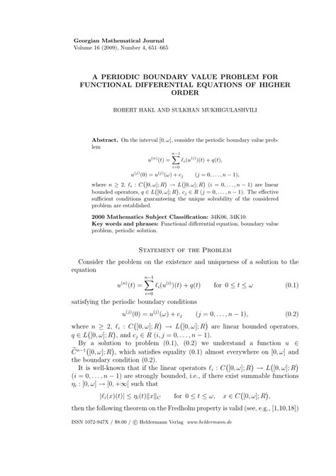Pdf A Periodic Boundary Value Problem For Functional Differential Equations Of Higher Order
