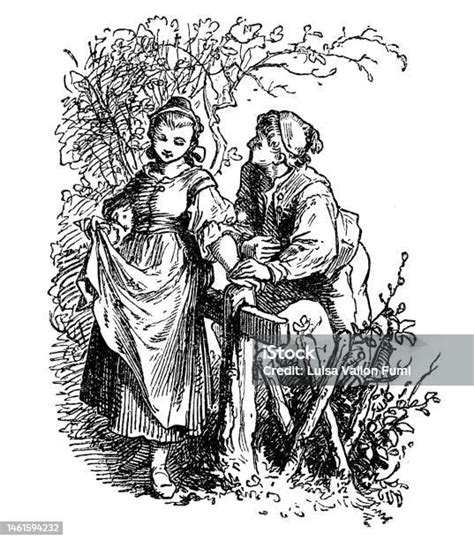 Countryside Romance Peasant Boy Courting A Girl Vintage Engraving Stock