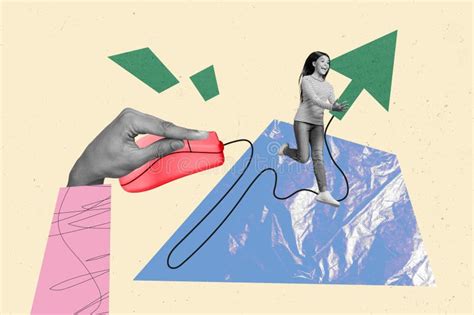 Collage Placard Sketch Of Cheerful Funky Small Woman Hold Arrow Computer Mouse Cursor Isolated