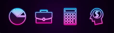 라인 파이 차트 인포 그래픽 서류 가방 계산기 및 사업가 계획 마인드를 설정합니다 빛나는 네온 아이콘입니다 벡터 가방에 대한 스톡 벡터 아트 및 기타 이미지 Istock