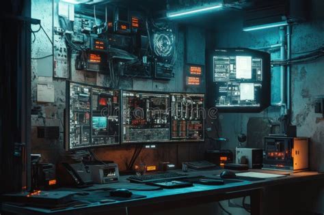 High Tech Control Room Filled With Multiple Computer Screens And Data
