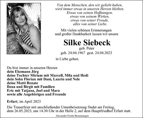 Traueranzeigen Von Silke Siebeck Trauer In Thueringen De