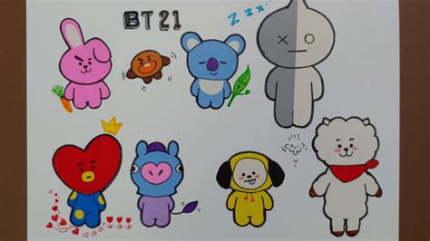 Bt21 방탄소년단 Bt21캐릭터그리기 코야ㆍrjㆍ슈키ㆍ망ㆍ치미ㆍ타타ㆍ쿠키ㆍ반 색종이 오리기 Bt21캐릭터