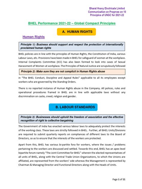 Bhels Communication On Progress For 10 Principles Of Ungc For 2021 22 Pdf Sustainability