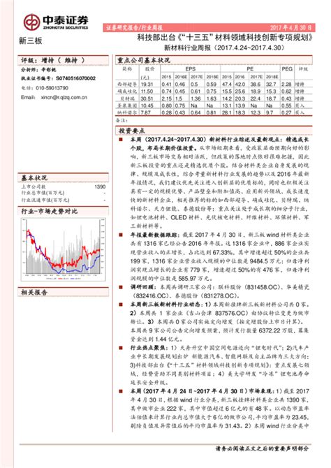 新材料行业新三板周报：科技部出台《 十三五”材料领域科技创新专项规划》