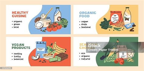비건 음식 배너 디자인 세트입니다 채식 요리 건강한 영양 유기농 식사 및 천연 식료품 야채의 식사가 포함 된 광고 카드의 템플릿
