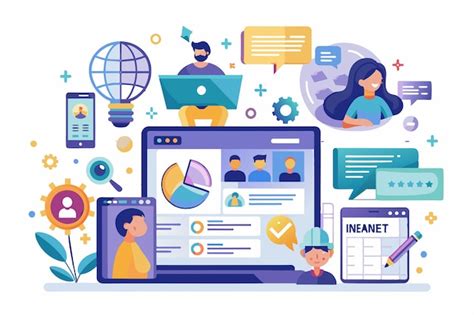 Illustration Depicting Various Elements Of An Intranet With Users Engaging In Digital Tasks And