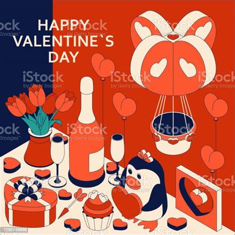 귀여운 등리메트릭 요소와 해피 발렌타인 데이 배경 인사말 카드 및 사랑 템플릿 3차원 형태에 대한 스톡 벡터 아트 및 기타 이미지 3차원 형태 귀여운 꽃 식물