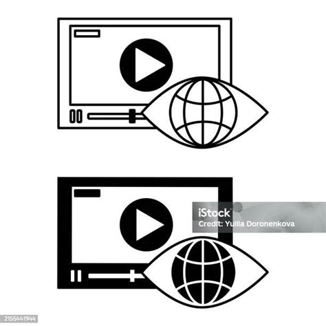 뷰어 아이콘 흑백 벡터 아이콘입니다 비디오 플레이어 재생 아이콘 및 사람의 눈 동영상을 시청하세요 비디오 제작 및 소셜 네트워크의 개념 Premiere에 대한 스톡 벡터