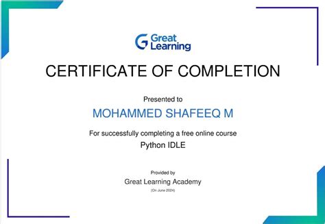 Completed Python Idle Course On Great Learning Mohammed Shafeeq M