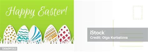 행복한 부활절 카드 만화 휴일 색깔의 계란 종이 컷 최소한의 디자인 봄 인사말 또는 초대 엽서 그린 계란 전통 기호 편지 템플릿 벡터 일러스트 Film Festival에