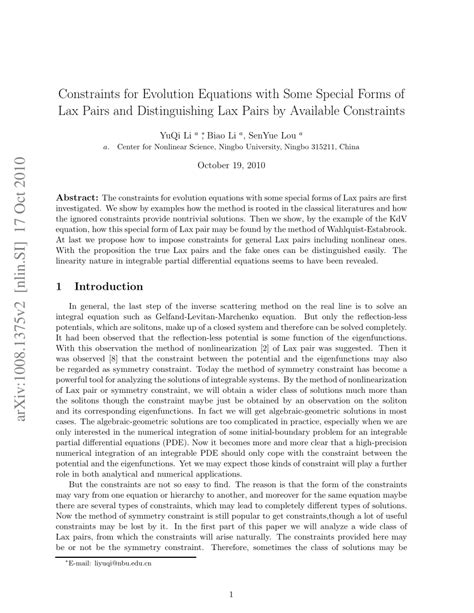 Pdf Constraints For Evolution Equations With Some Special Form Of Lax Pairs And Distinguishing
