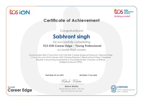 Sabhrant Singh On Linkedin Tcs Ioncareeredge Professionalcourse
