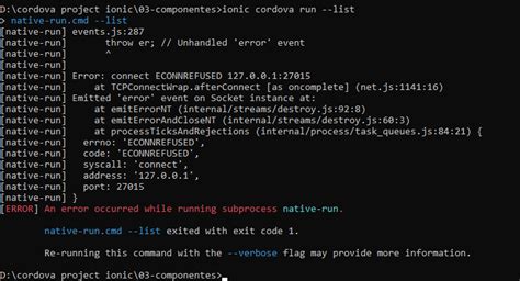 Ionic Framework `cordova Run List` Causes Econnrefused Stack Overflow