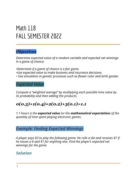 Class Notes Expected Value And Simulation Math 118 Fall Semter 2022 Objectives Determine