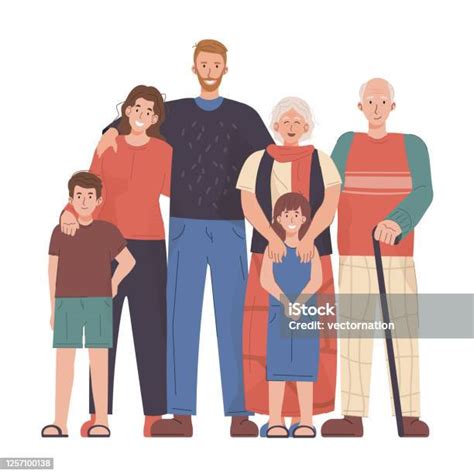 큰 가족 초상화 아버지 어머니 자녀 조부모 플랫 만화 일러스트레이션 대가족에 대한 스톡 벡터 아트 및 기타 이미지 대가족 가족 일러스트레이션 Istock