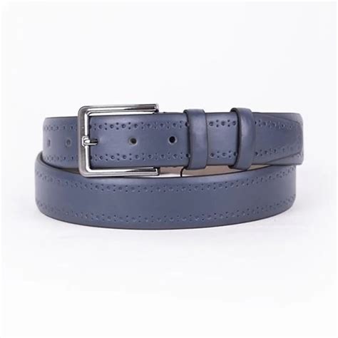 Blue Mens Vegan Leather Belt Brogue For Suit Leather Belt Silver Buckle