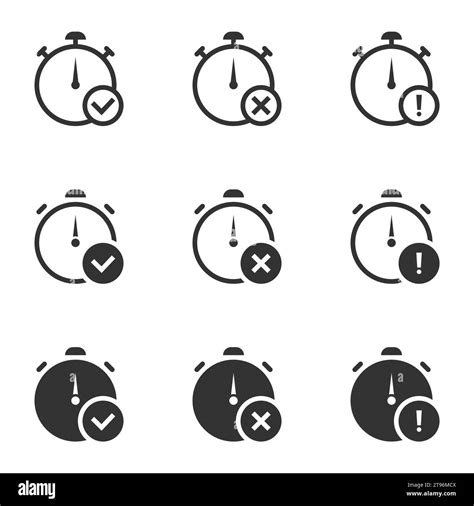 Set Of Stopwatches With Check Mark Cross And Exclamation Mark Vector Illustration Stock Vector