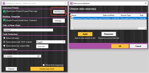 creating a new chart using microsoft project data for version 7 1 onepager documentation