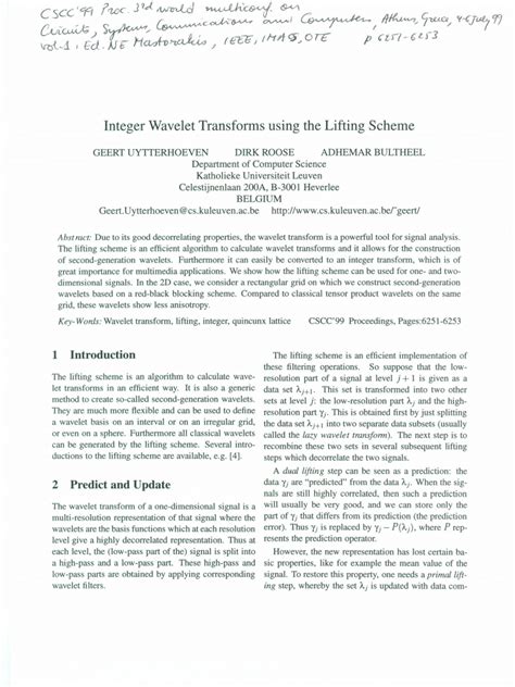 Pdf Wavelet Transforms Using The Lifting Scheme