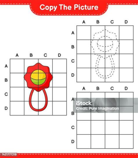 그림을 복사하고 그리드 선을 사용하여 아기 래틀의 그림을 복사하십시오 교육 어린이 게임 인쇄 가능한 워크 시트 벡터 일러스트