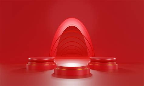 기하학적 모양이 있는 3d 렌더링 스튜디오 바닥에 있는 빨간색 연단 제품 프레젠테이션을 위한 배경 플랫폼 최소 디자인의 추상