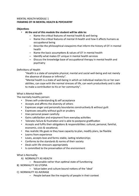 Module 1 Framing Ot In Mental Health And Psychiatry Summary Notes