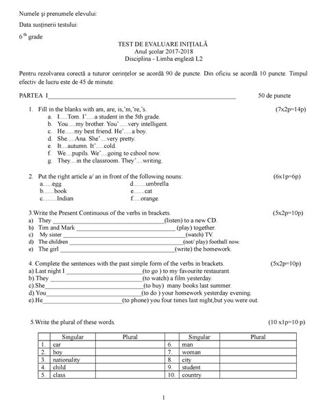 Test Initial Engleza Clasa A 6 A Numele şi Prenumele Elevului Data Susţinerii Testului 6 Th