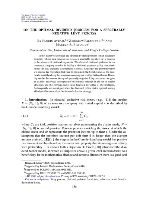 Pdf On The Optimal Dividend Problem For A Spectrally Negative Lévy Process