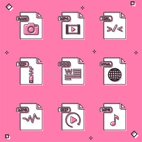 Set RAW File Document MP4 XSL ZIP DOC HTML MP3 And GIF Icon Vector Stock Vector