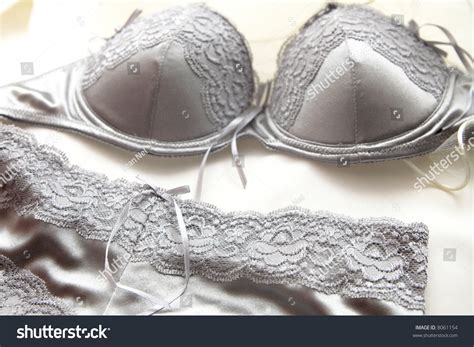 Pair Of Silver Lace Lingerie Bra And Panties Lying On A Bed Focus On