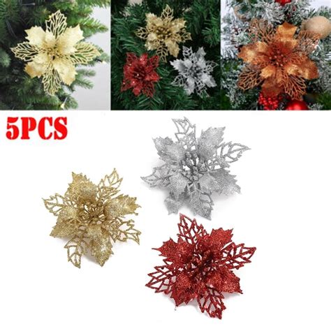 ดอกไม้คริสมาสต์เทียม5ชิ้น12ซม ดอกไม้ปลอมกลิตเตอร์ของตกแต่งต้นคริสต์มาสบ้านของขวัญคริสต์มาส Diy