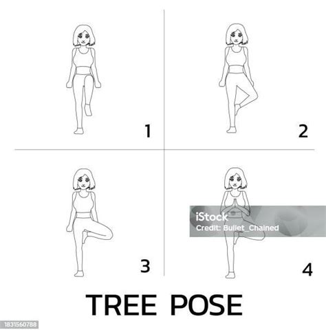 나무 포즈 요가 만화 튜토리얼 방법 만화 벡터 일러스트 레이 션 흑인과 백인 가냘픈에 대한 스톡 벡터 아트 및 기타 이미지