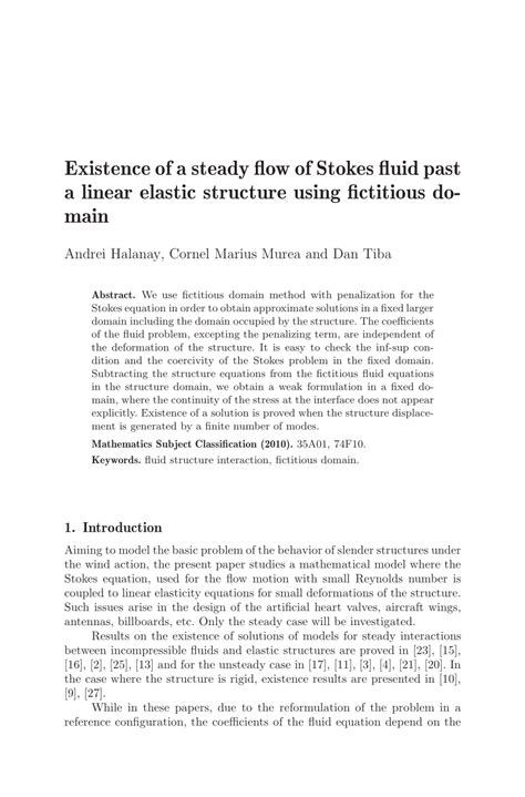 Pdf Existence Of A Steady Flow Of Stokes Fluid Past A Linear Elastic
